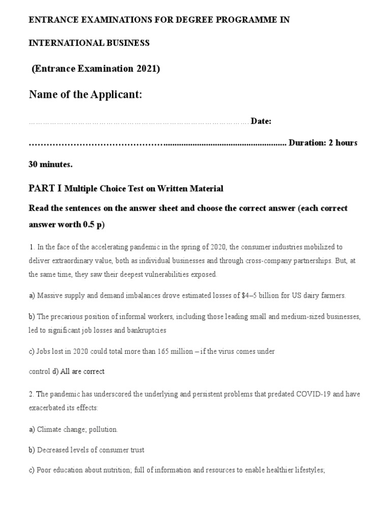 2021 Entrance Examination IB Trial Test | PDF | Sustainability | Governance