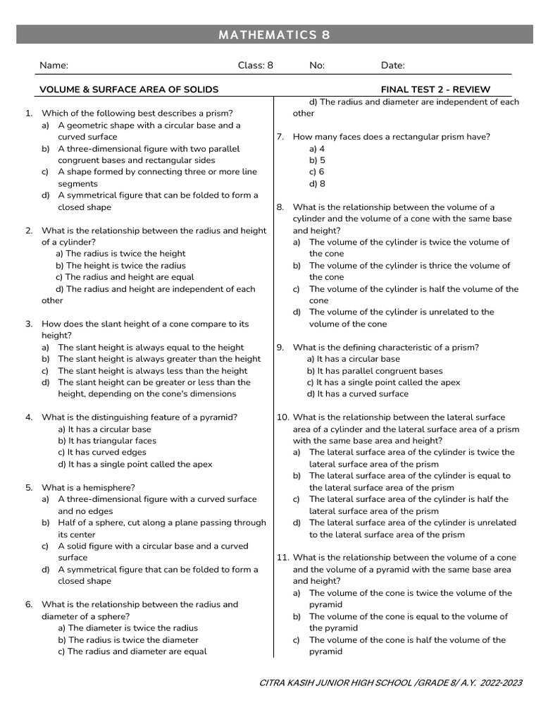 Grade 8 Math: Solids Review | PDF | Sphere | Area