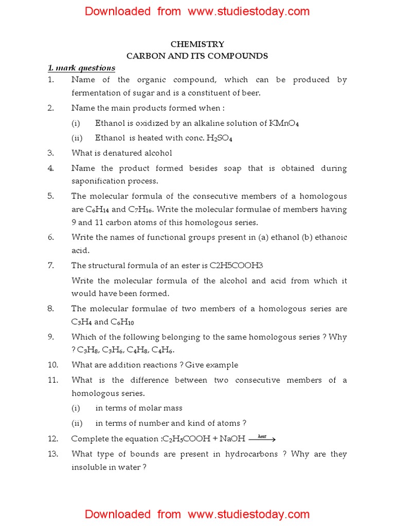 Class 10 Carbon Compounds Questions | PDF | Chlorine | Periodic Table