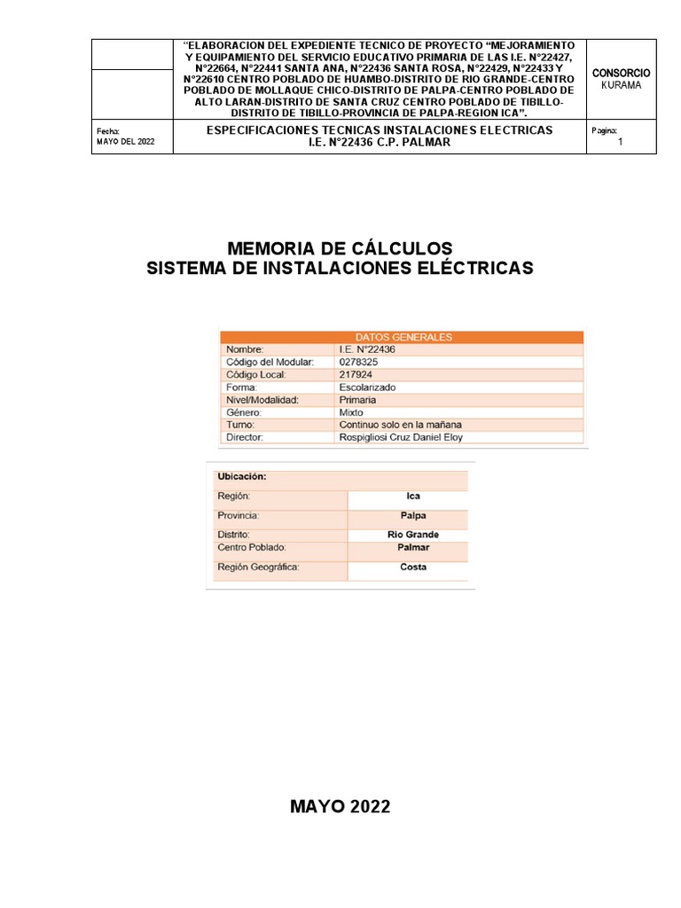 1.2. Memoria de Calculos Inst. Elect. - Palmar | PDF | Corriente eléctrica | voltaje