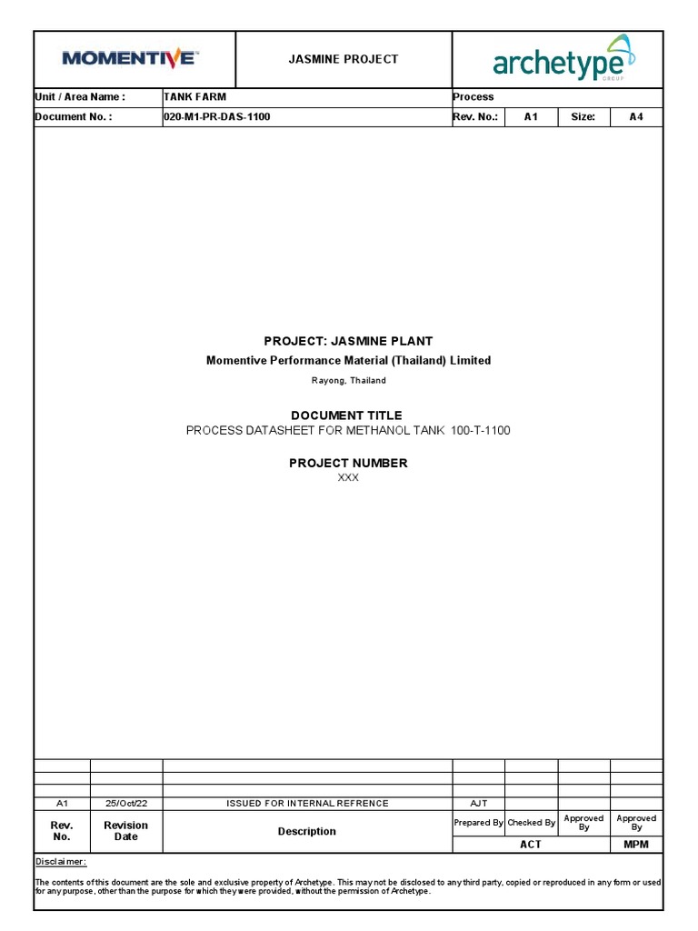 Methanol Tank 100-T-1100 Datasheet | PDF | Pump | Pressure