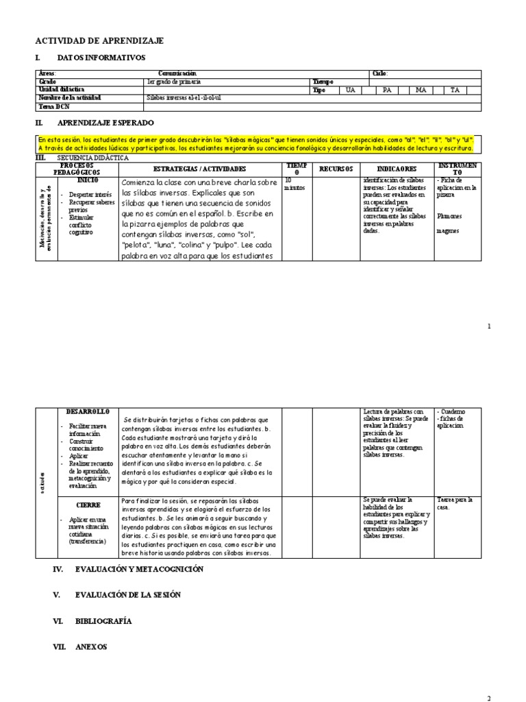 Sesion de Al El Il Ol Ul | PDF | Evaluación | Aprendizaje