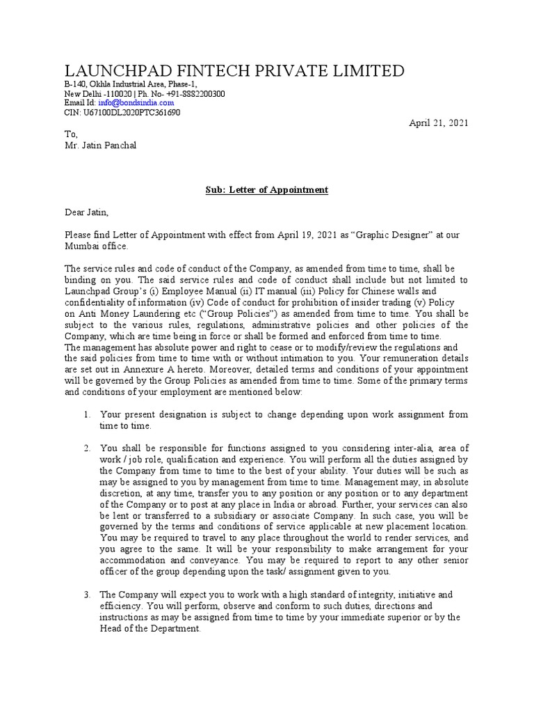 Appointment Letter Jatin | Download Free PDF | Arbitration | Employment