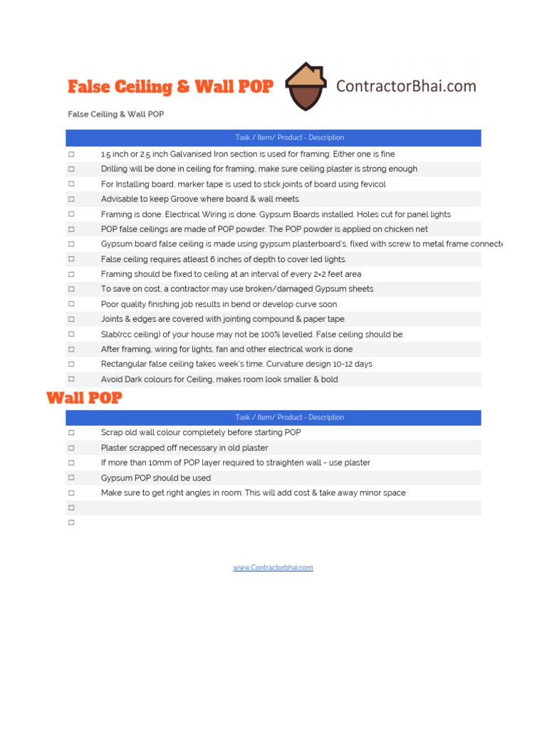 Contractorbhai Checklists False Ceiling Wall POP | PDF