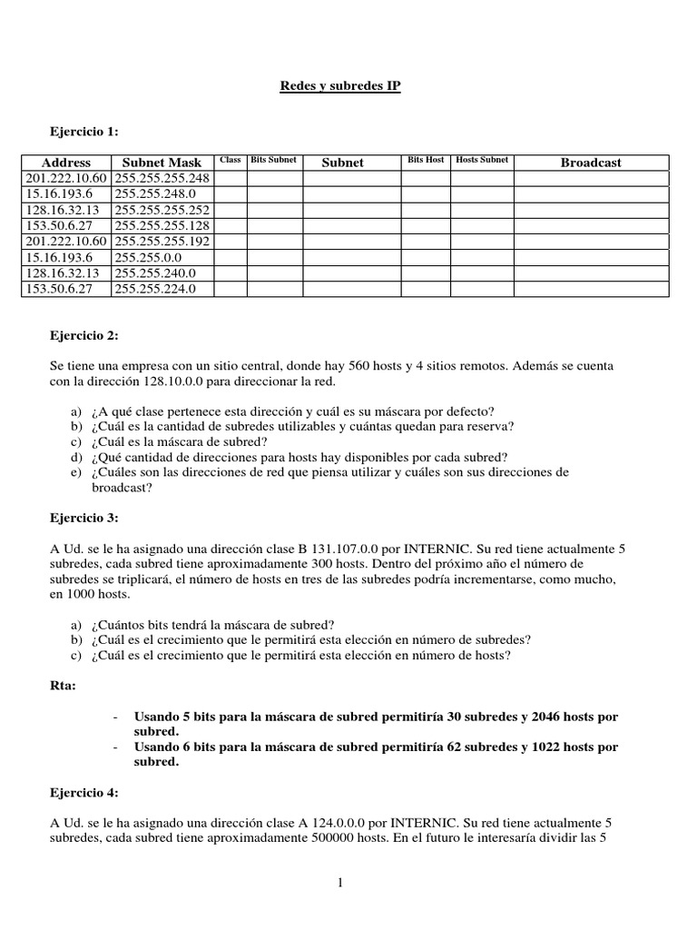 Ejercicios de Redes y Subredes IP | PDF | Enrutamiento | Red de computadoras