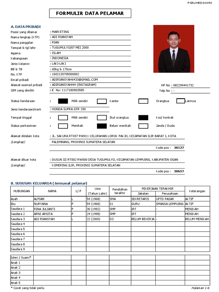 F-SRU-HRD-014-R0 Formulir Data Pelamar No Logo | PDF