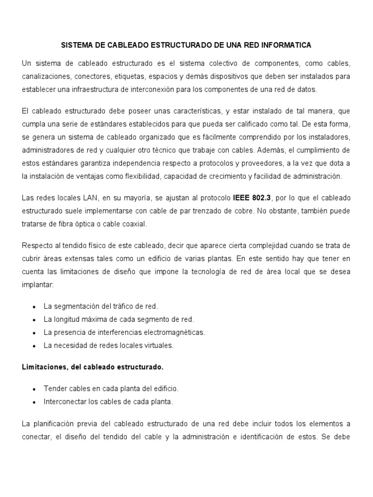 Sistema de Cableado Estructurado de Una Red Informatica | PDF | Red de computadoras | Ciencias ...