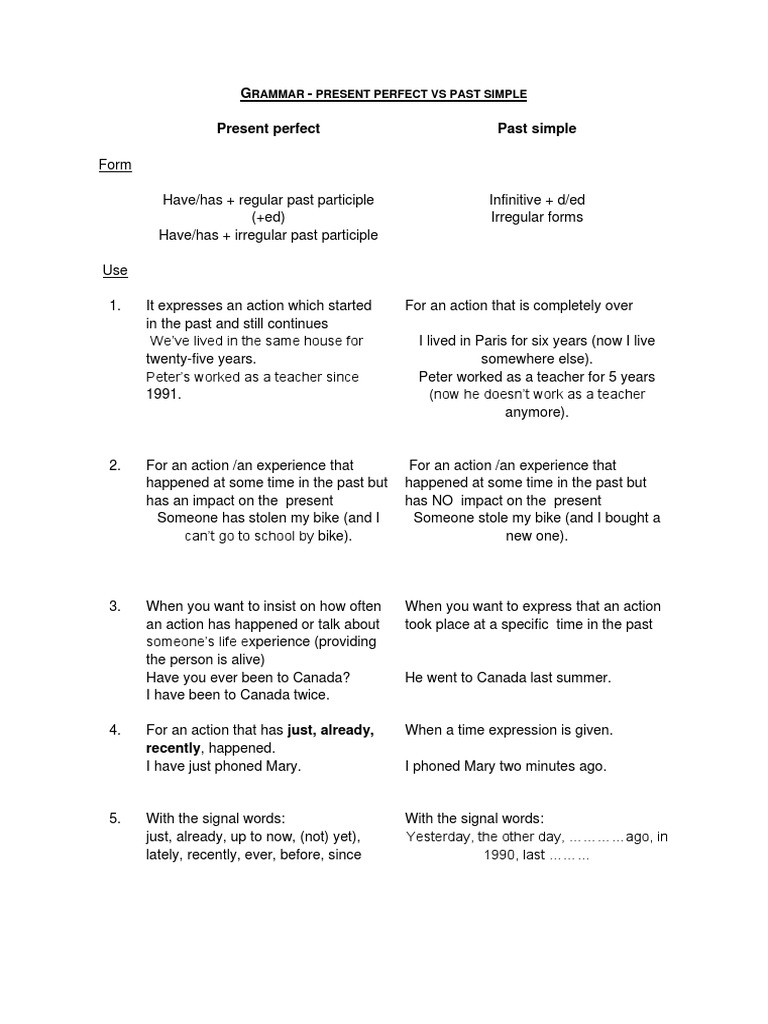 Grammar Tableau Comparatif Simple Past and Pres Perf | PDF