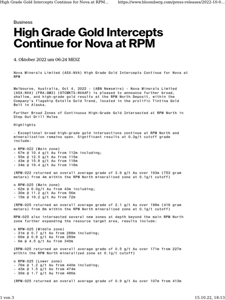 High Grade Gold Intercepts Continue For Nova at RPM - Bloomberg | PDF ...