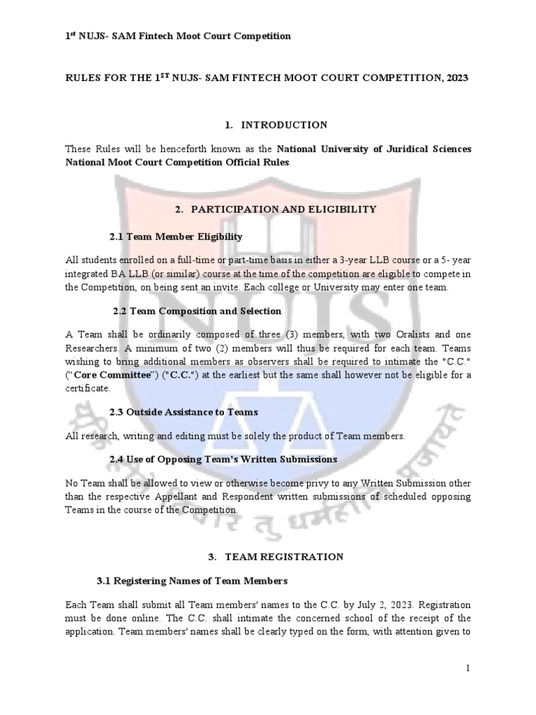 NUJS SAM Fintech Moot Court Competition Rules | PDF | Courtroom | Appeal