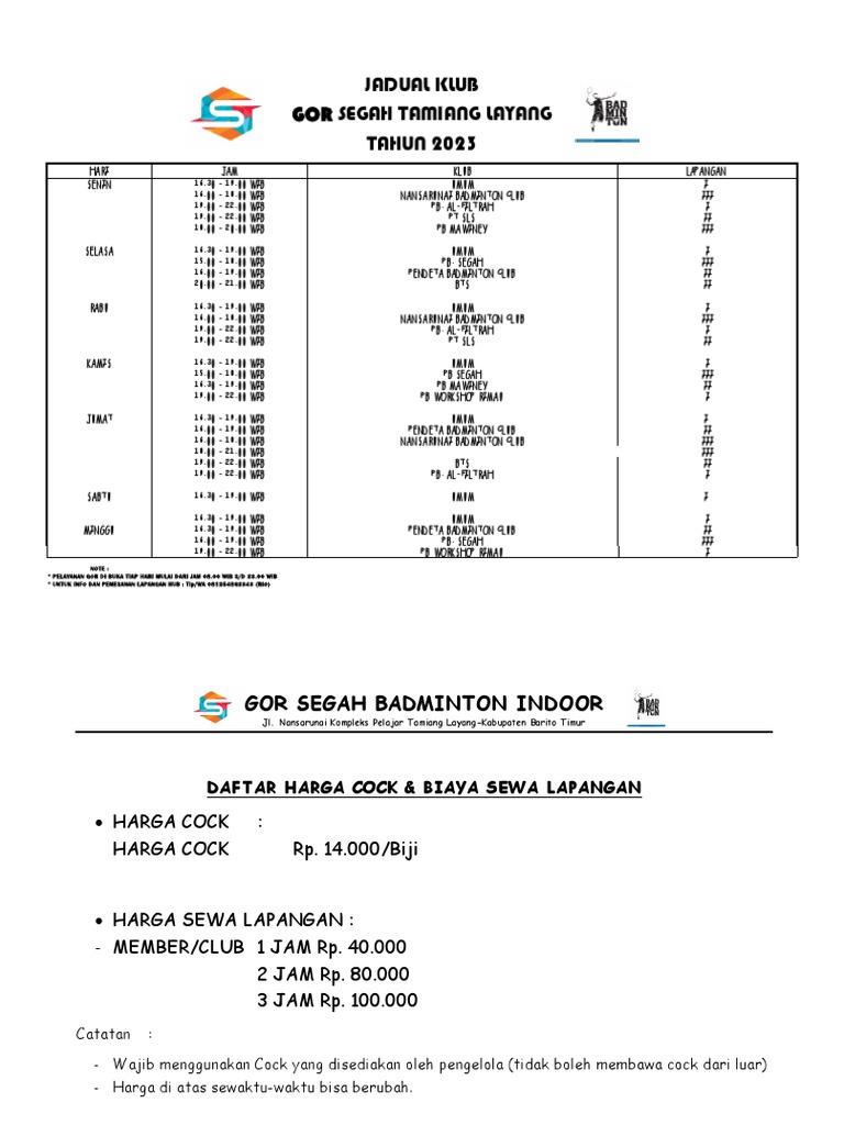 Jadwal Penggunaan Lapangan GOR Segah | PDF