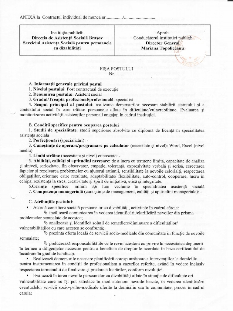 Fisa Post Asist Soc Spec SASPD | PDF