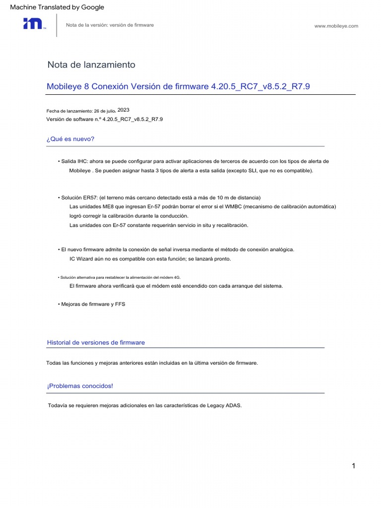 Actualización de Firmware Mobileye 4.20.5 | PDF