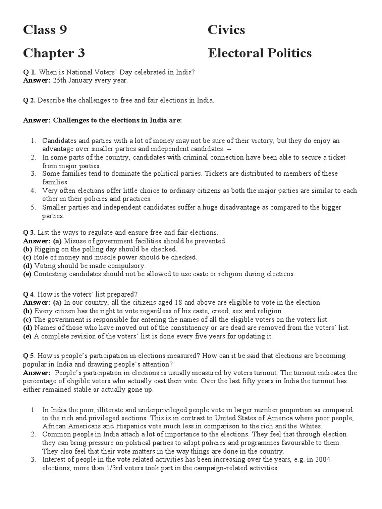 Class 9 Civics Electoral Politics: Answer | PDF | Elections | Voting