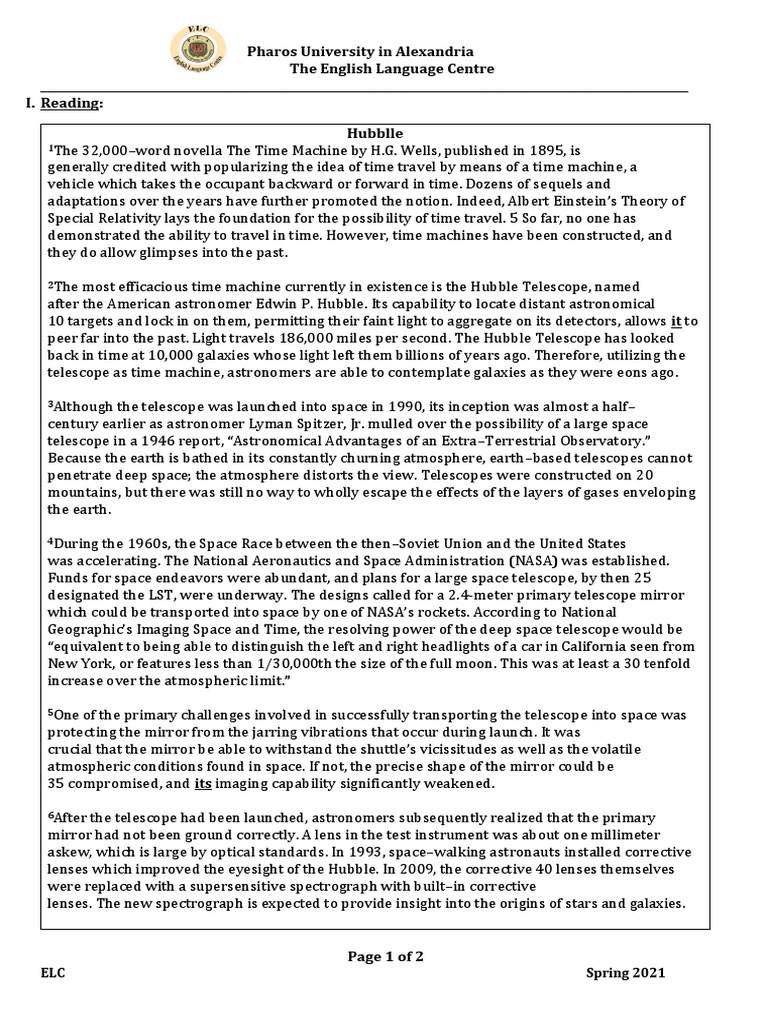 E5 - Reading Practice - The Hubble | PDF | Hubble Space Telescope ...