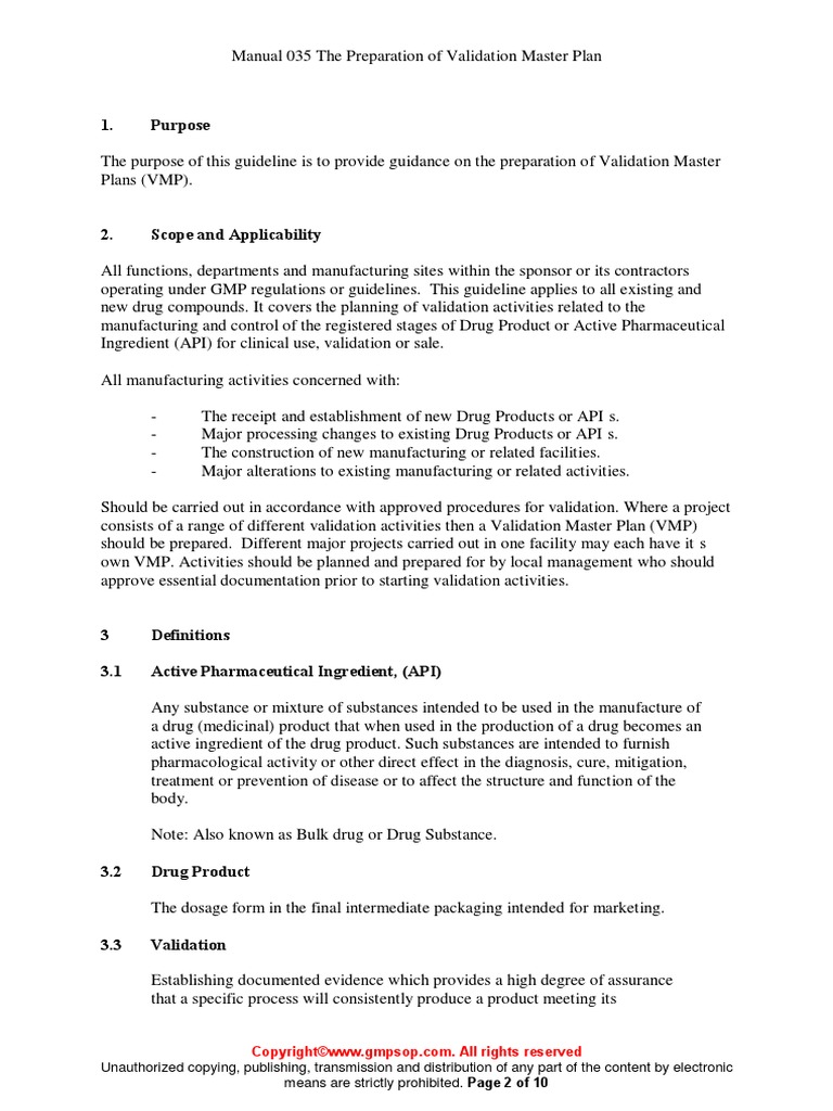 Manual 035 The Preparation of Validation Master Plan | PDF ...