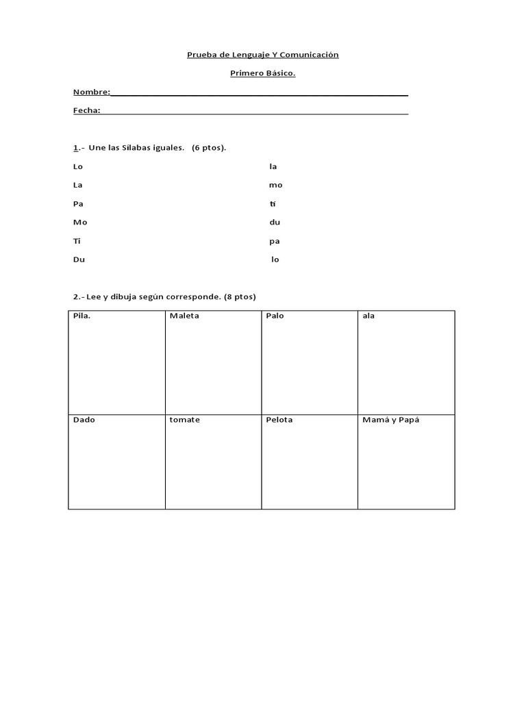 Prueba de Lenguaje Y Comunicación 1 Basico | PDF