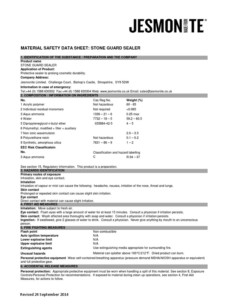 Stone Guard Sealer Safety Data Sheet | PDF | Materials | Chemistry