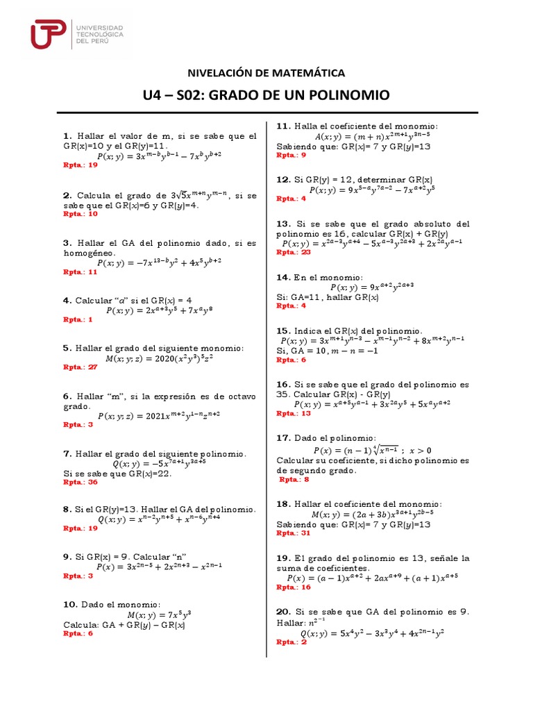 U4.s02 - Grado de Un Polinomio | PDF | Relaciones matematicas | Matemáticas Aplicadas
