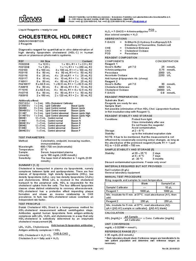 HDL Cholesterol Direct Reagents Guide | PDF | High Density Lipoprotein ...
