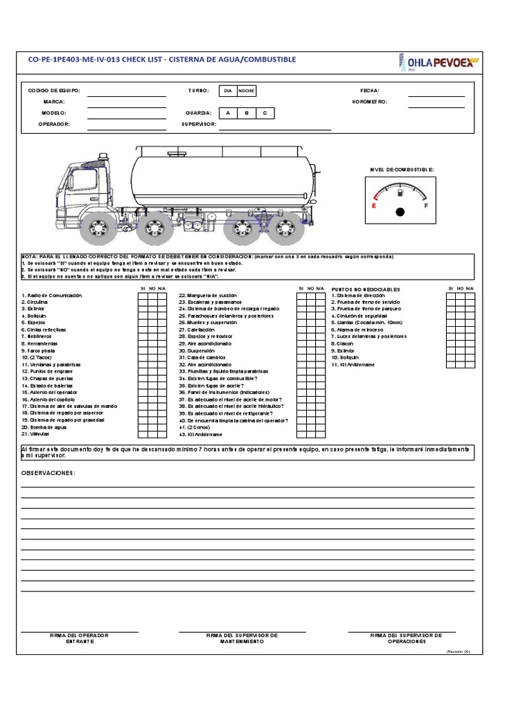 CO-PE-1PE403-ME-IV-013 Check List Camión Cisterna REV 00 | PDF | Vehículos | Industria automotriz
