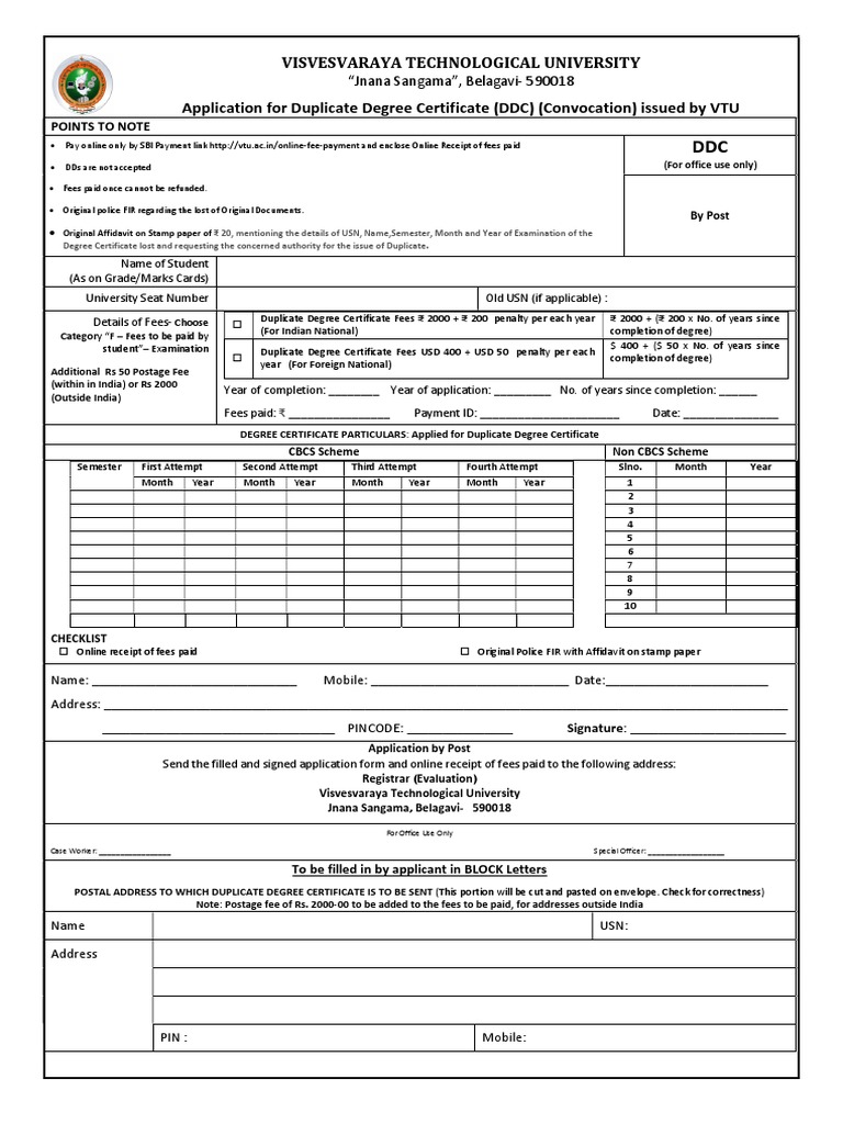 Visvesvaraya Technological University Application For Duplicate Degree ...