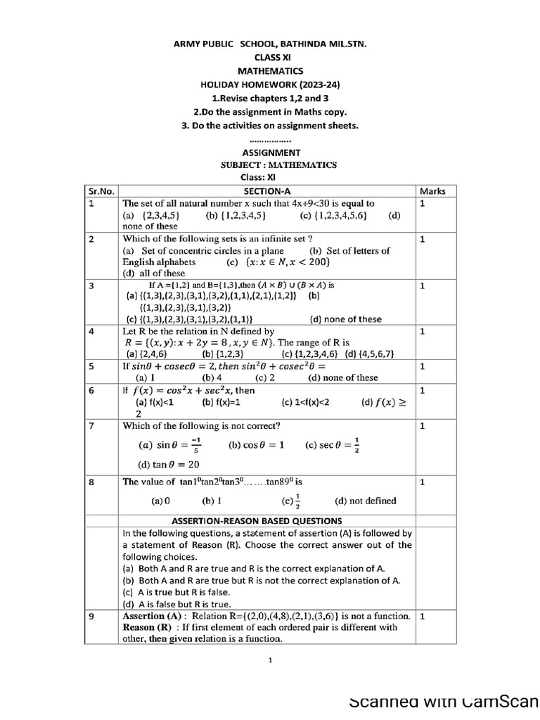 0 - HHW-class 11, Maths Indu 23-24, Assignment | PDF