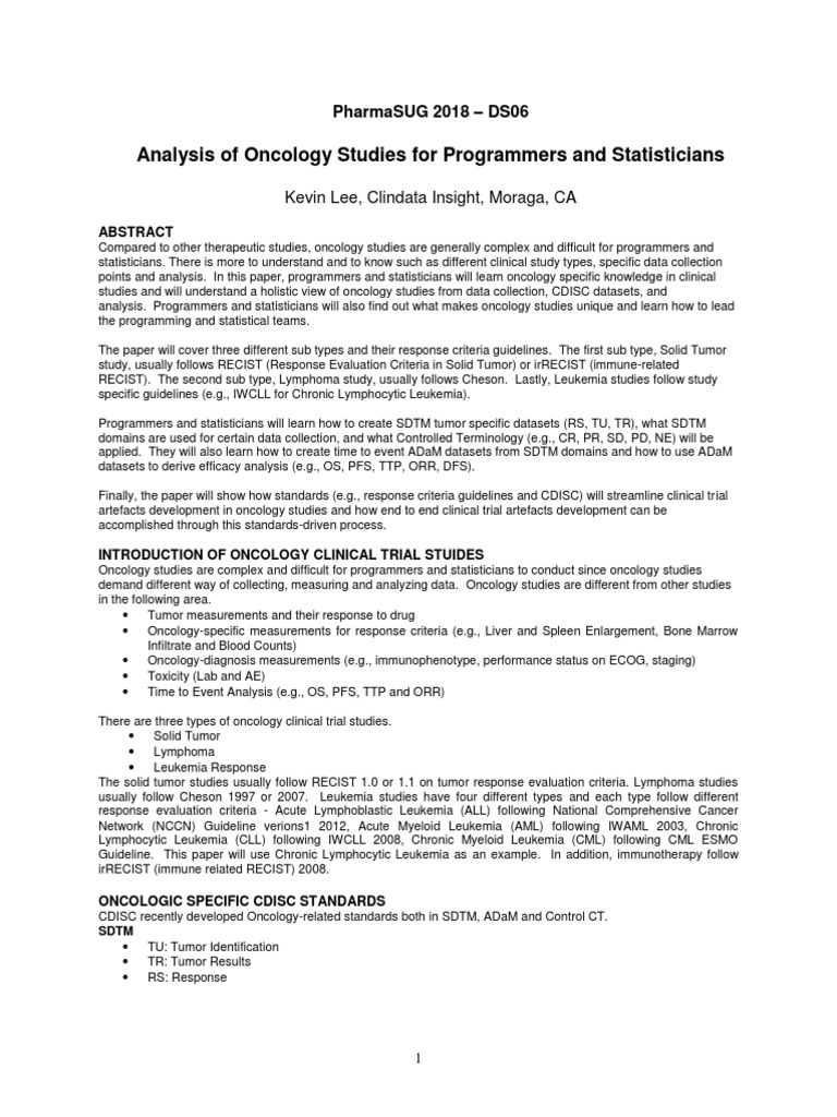OK Paper - Analysis of Oncology Studies For Programmers and Statisticians - 2018 | PDF ...