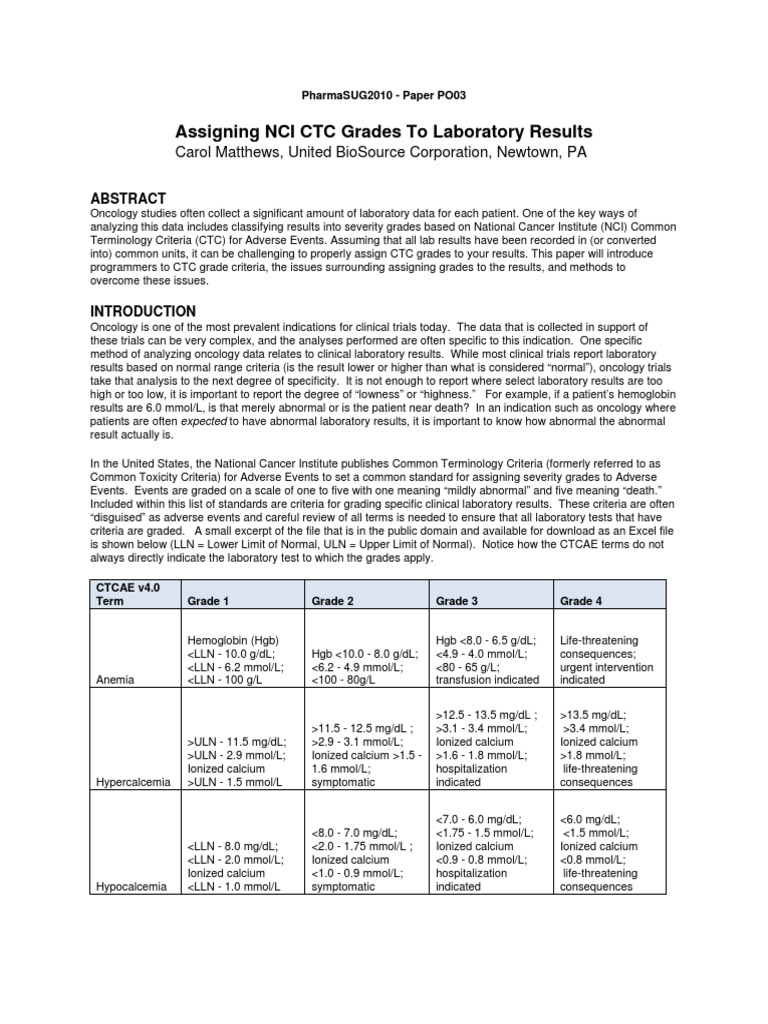 OK Paper - Assigning NCI CTC Grades To Laboratory Results - 2010 | PDF | Clinical Medicine