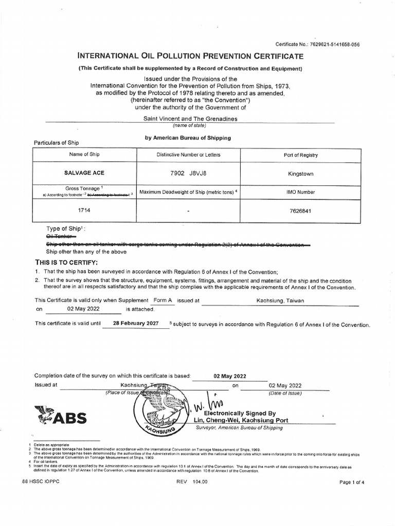4.international Oil Pollution Prevention Certificate | PDF