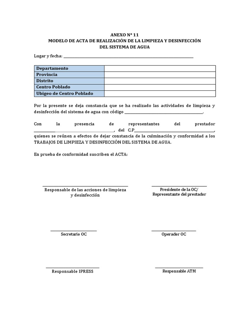 Anexo #11 Acta de Limpieza y Desinfección | PDF