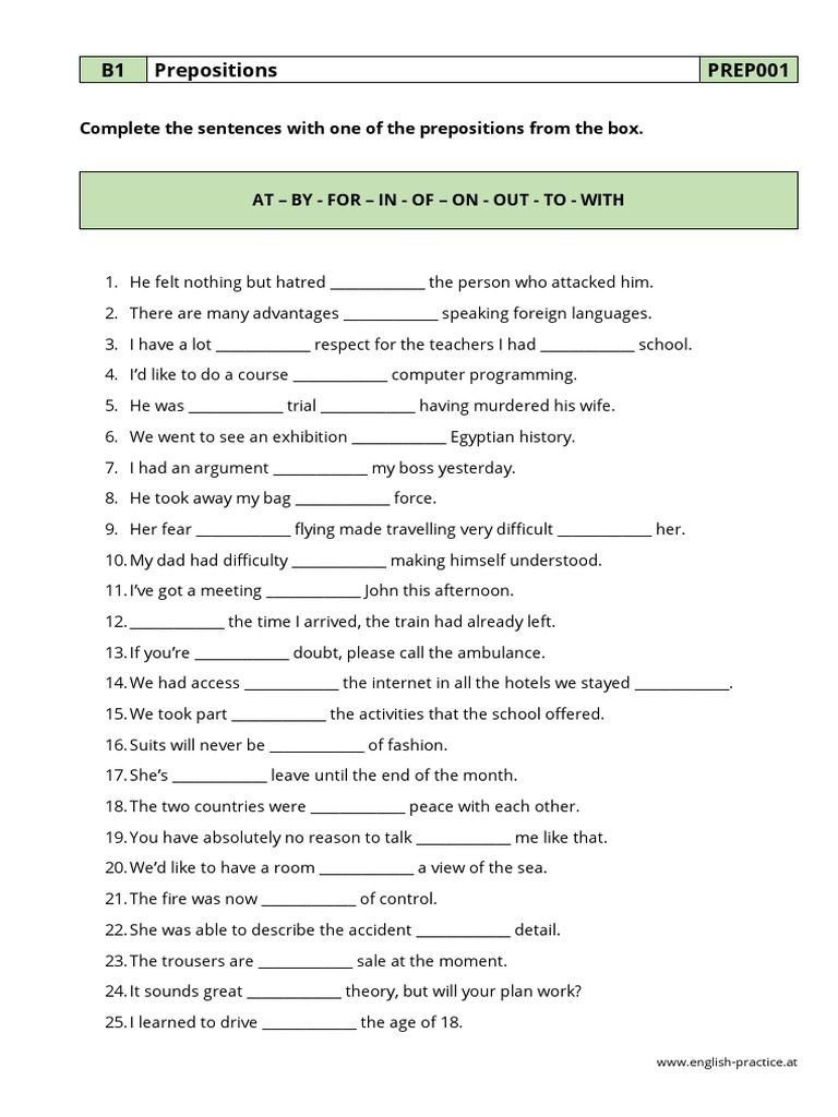B1 Prepositions Practice Worksheet | PDF | Language Arts & Discipline
