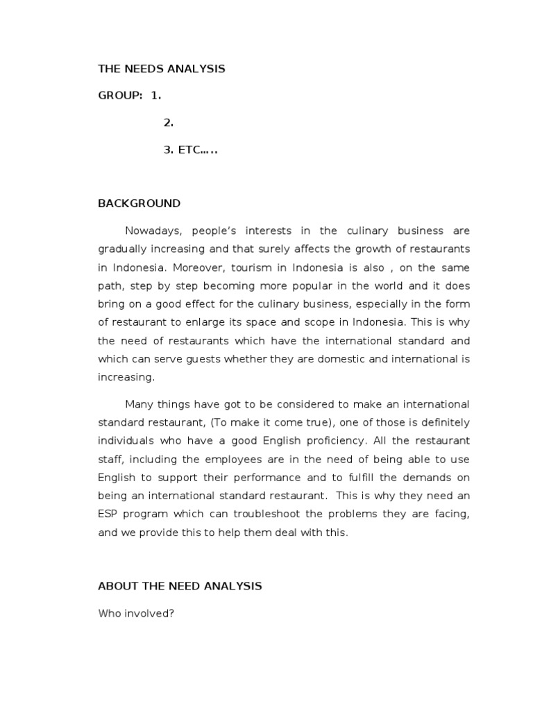 The Needs Analysis Group: 1. 2. 3. ETC . | PDF | Target Audience ...