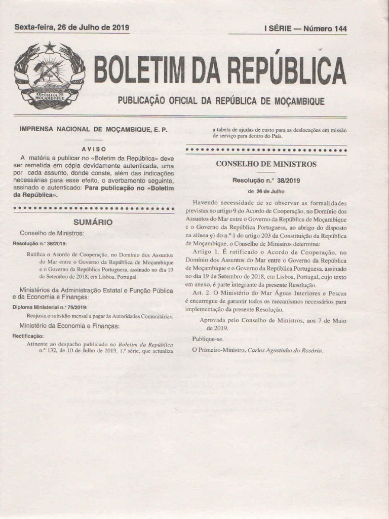 Diploma Ministerial Nº 75 - 2019, de 26 de Julho, Rectifica A Tabela de Ajudas de Custo - 2019 | PDF