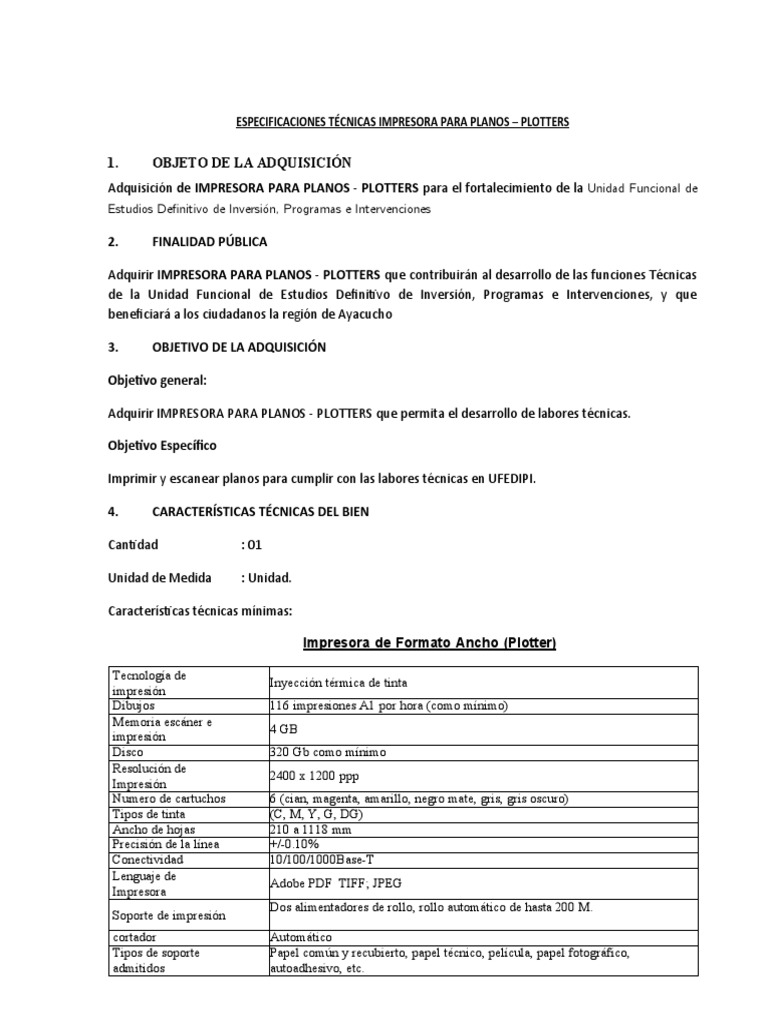 Especificaciones Técnicas Impresora para Planos - Ploter | PDF ...