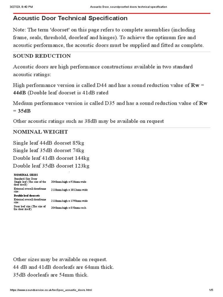 Acoustic Door, Soundproofed Doors Tddechnical Specification | Download ...