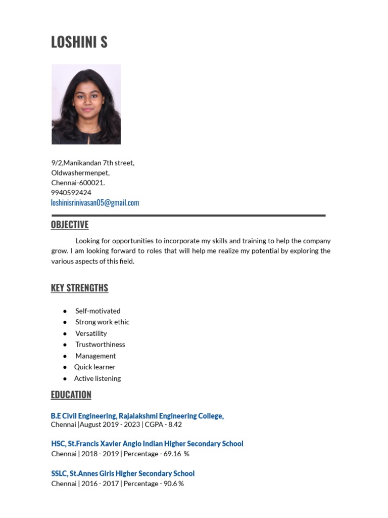 Resume Loshini - LOSHINI S | PDF | Engineering | Concrete