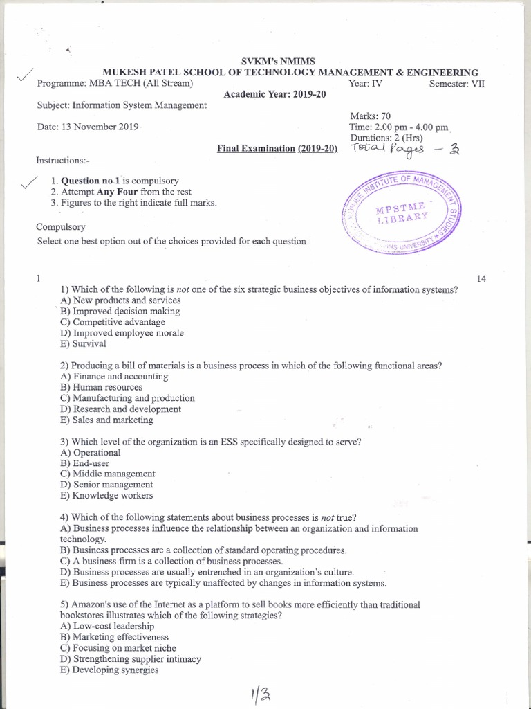 Information System Management Final Exam 2019-20 | PDF