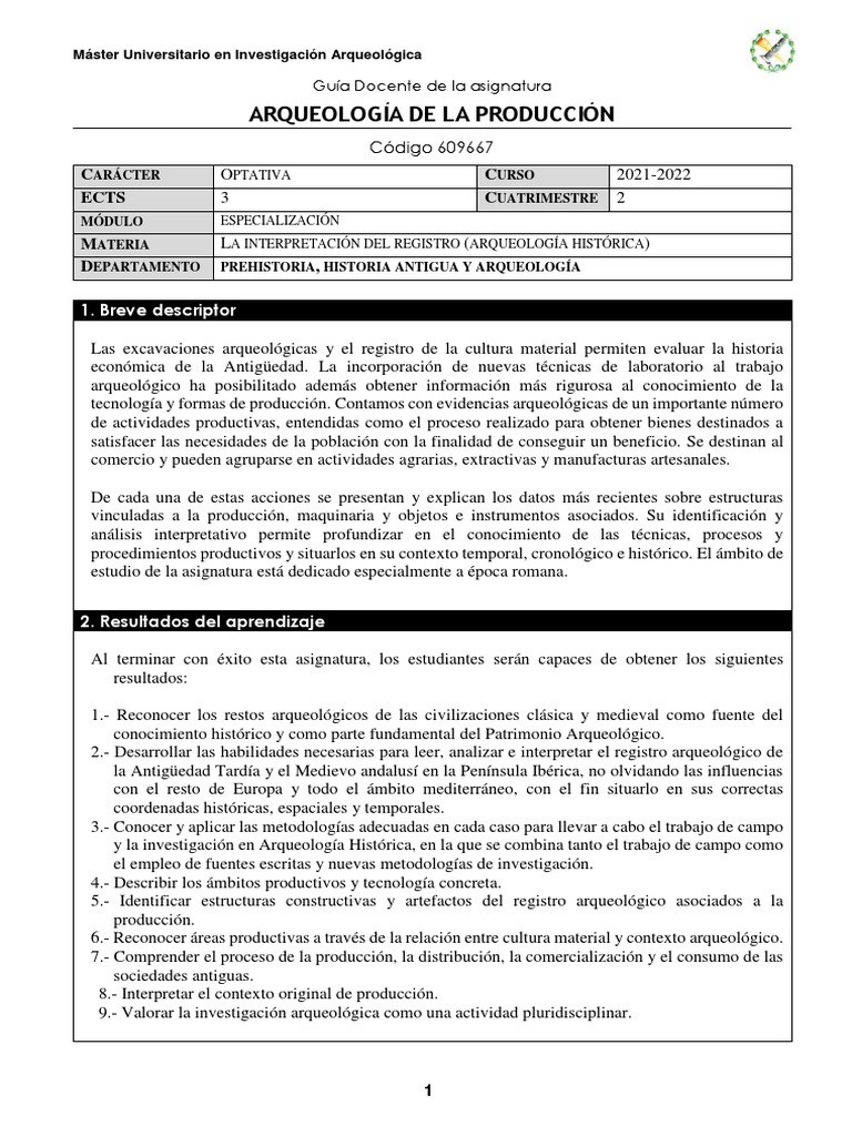 Guia Docente Arqueologia de La Produccion | PDF | Arqueología ...