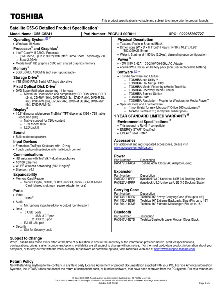 Toshiba Satellite - C55-C5241 | PDF | Operating System | 64 Bit Computing