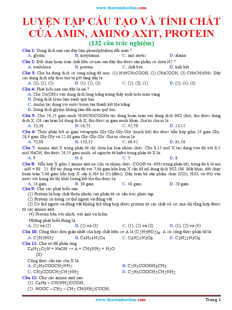 Luyen Tap Cau Tao Va Tinh Chat Cua Amin Amino Axit | PDF