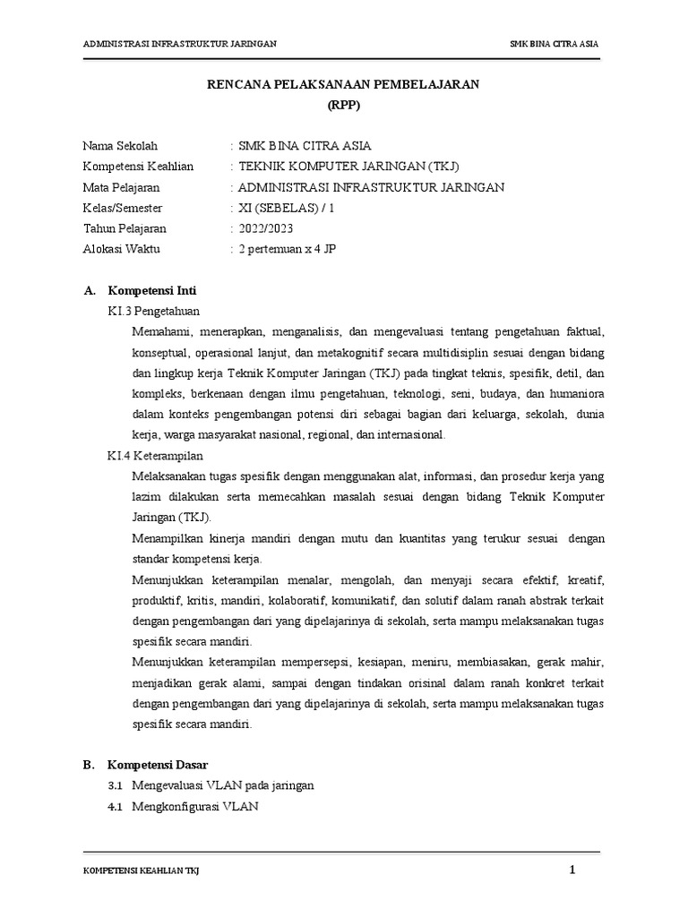 RPP Topologi Vlan Cisco Packet Tracer Aij TKJ Xi | PDF