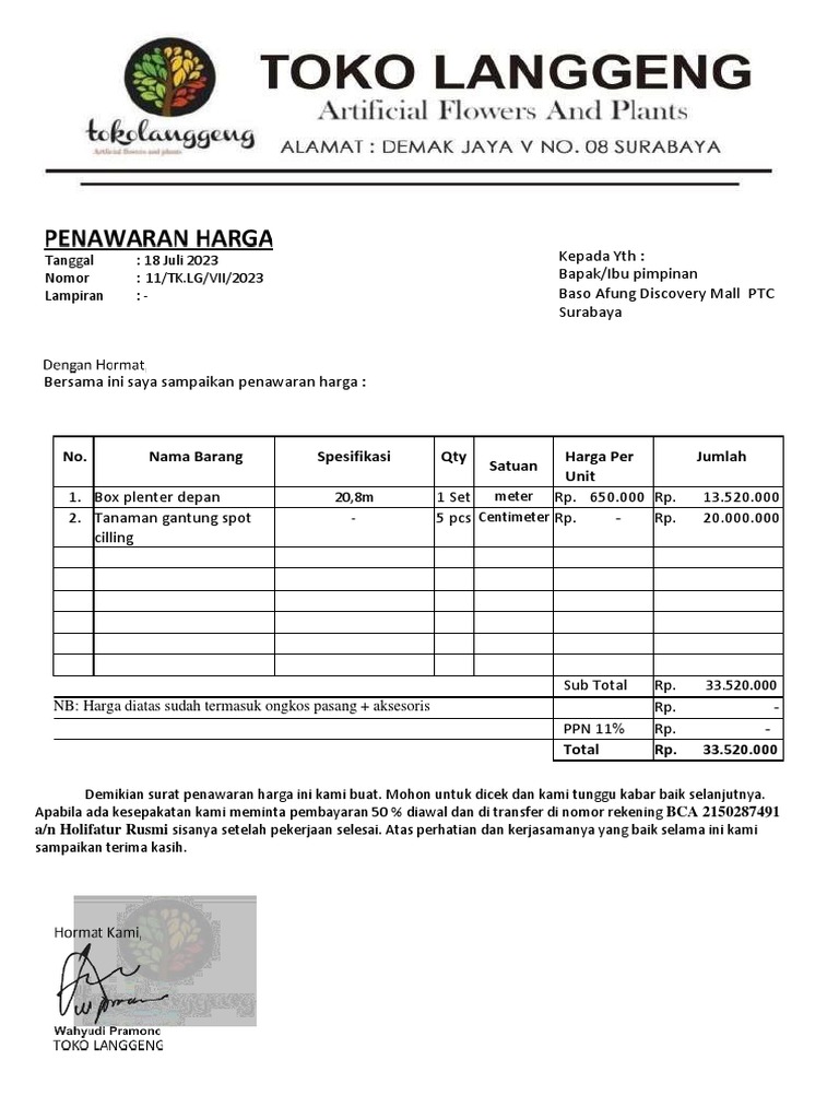 Penawaran Harga Baso Afung PTC | PDF | Griya & Taman