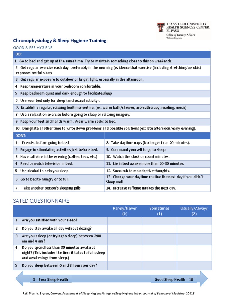 Sleep Hygiene Handout | PDF | Sleep | Clinical Medicine