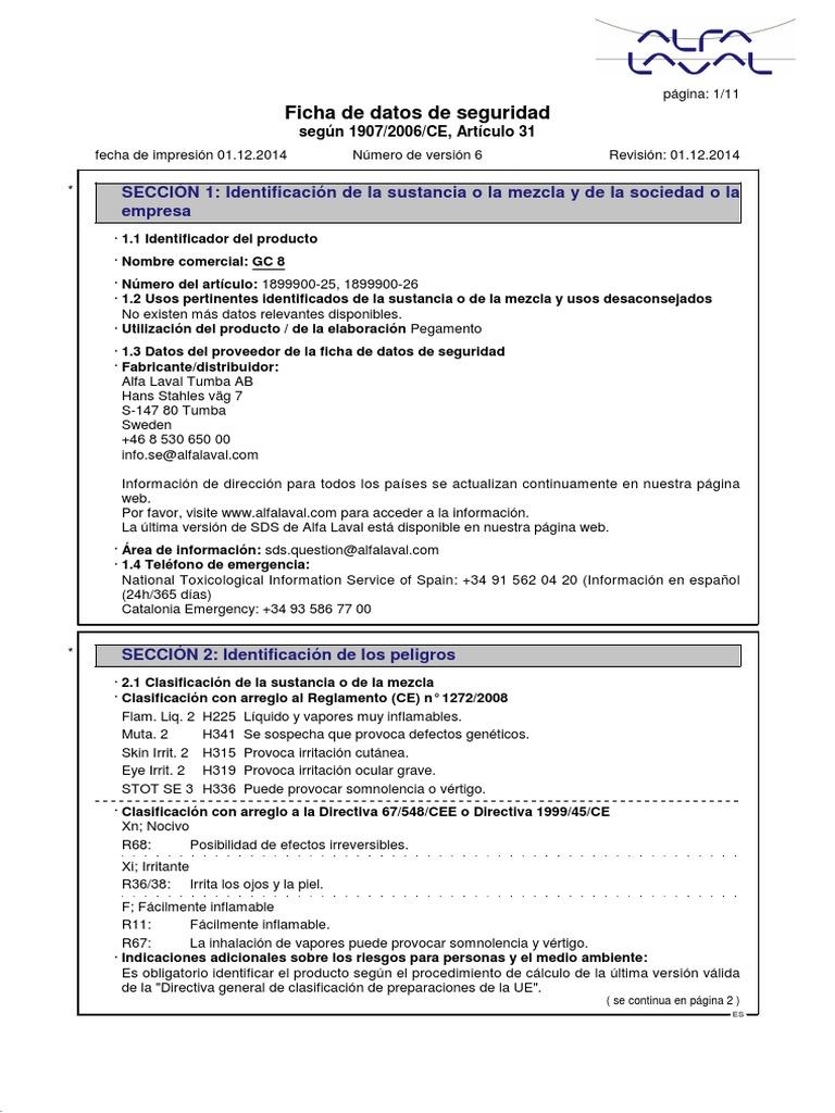 GC8 - SDS - Spanish | PDF | Agua | Residuos