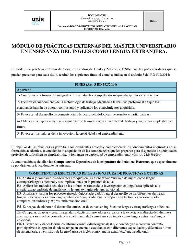 DO-2.7-3 Proyecto Formativo de Las Prácticas Externas MU TEFL | PDF | Plan de estudios | Aprendizaje