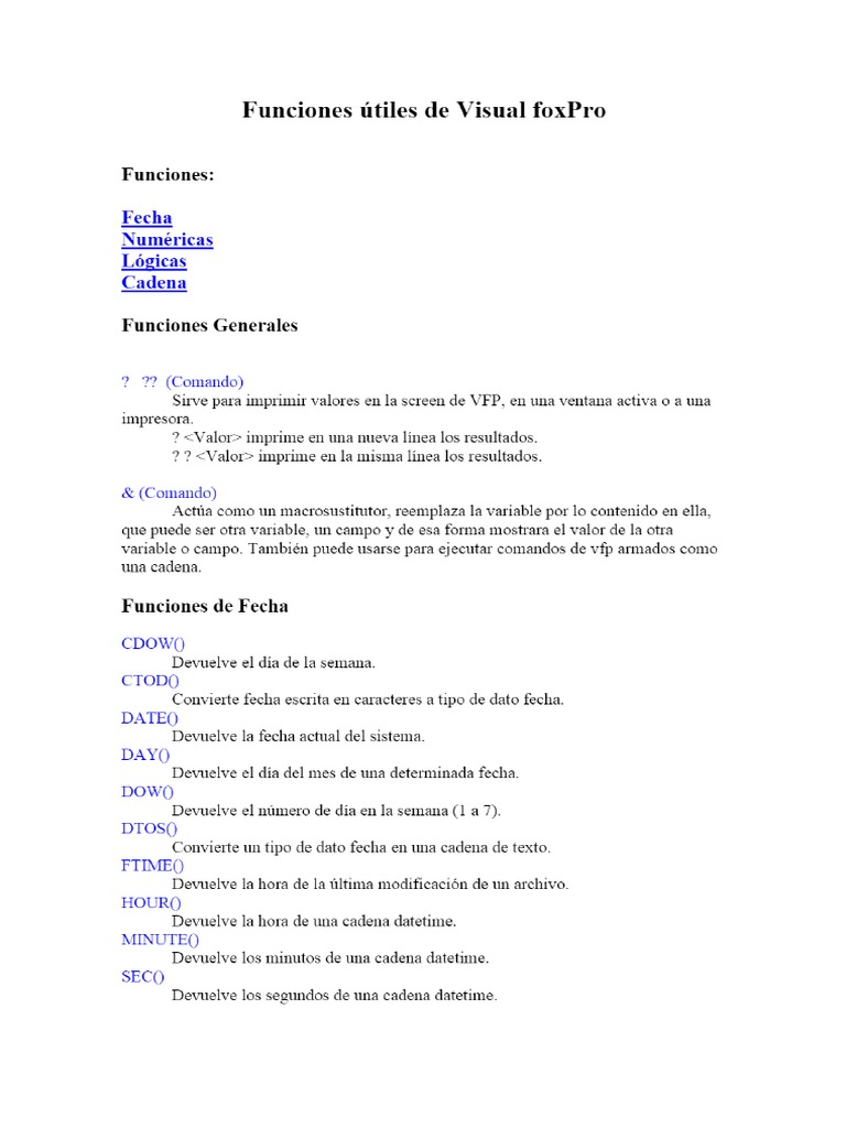 Funciones Útiles de Visual Foxpro - PDF Descargar Libre | PDF