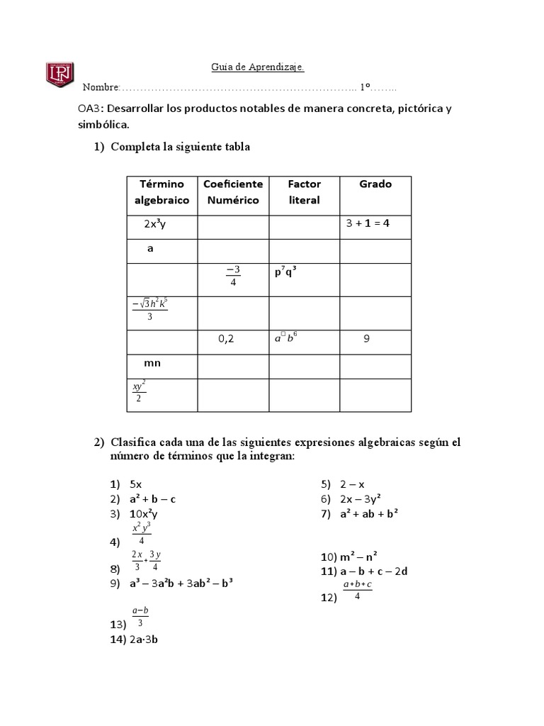 Guía Terminos Semejantes | PDF | Matemáticas | Matemática Elemental