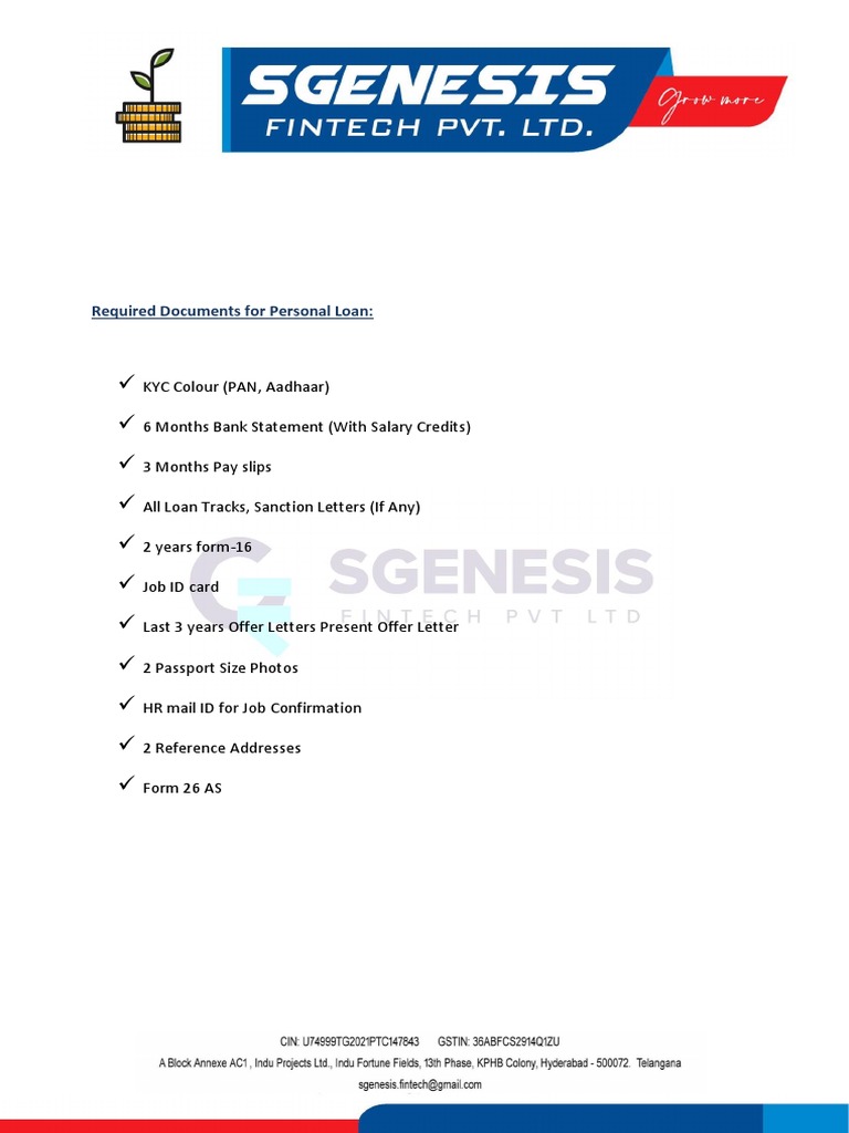 SGENESIS FINTECH PVT LTD - Required Documents For All Loans - New Logo | PDF | Receipt ...