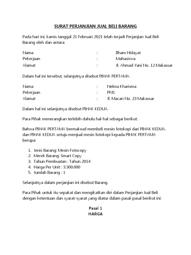 Surat Perjanjian Jual Beli Barang | PDF